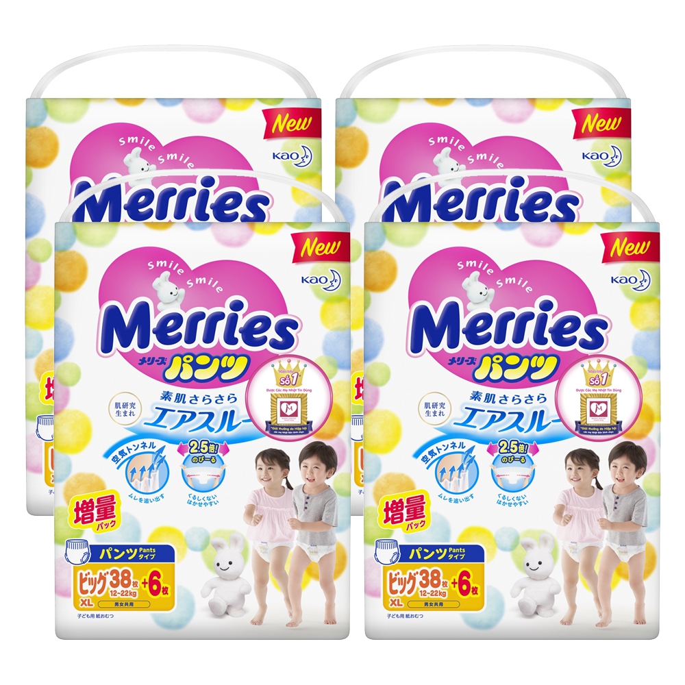 Combo 4 Bỉm tã quần Merries size XL 38 + 6 miếng (12-22kg) | Bỉm Tã