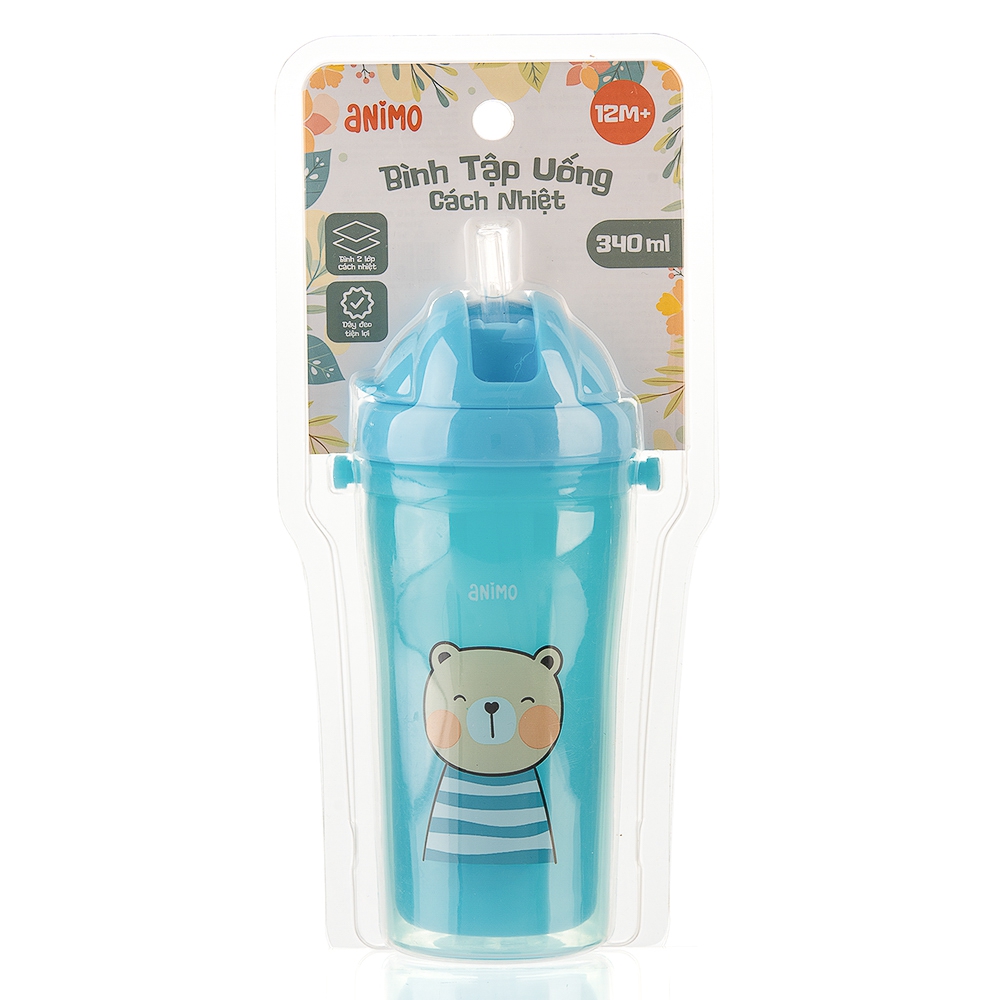 Bình tập uống PP 2 lớp kèm dây đeo Animo (340ml, xanh, RK3415) giá tốt