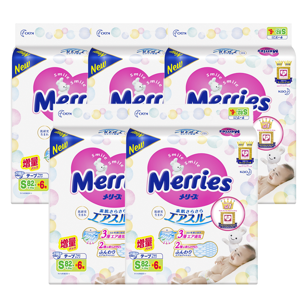 Combo 5 Bỉm tã dán Merries size S 82 + 6 miếng (4-8kg) | Bỉm Tã khuyến