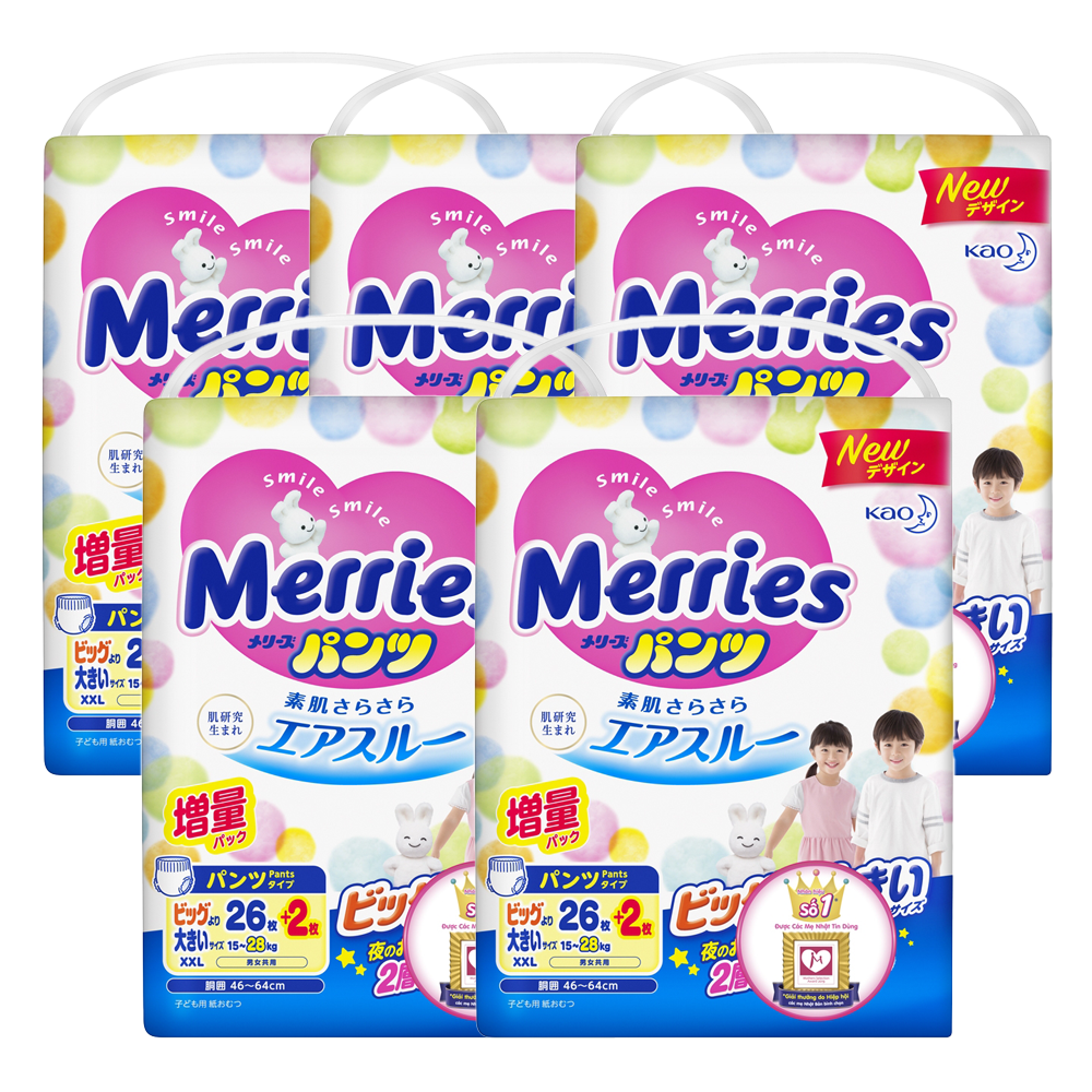 Combo 5 Bỉm tã quần Merries size XXL 26 + 2 miếng (15-28kg) | Bỉm Tã
