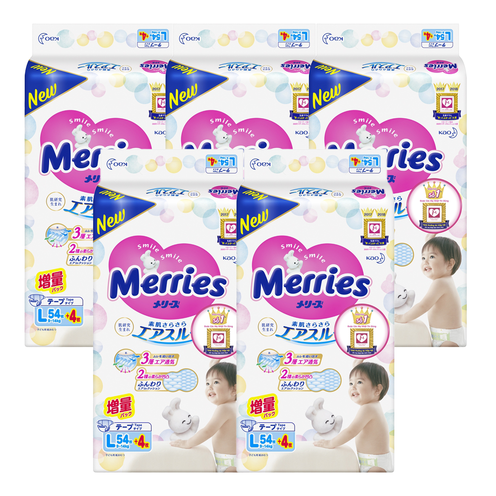 Combo 5 Bỉm tã dán Merries size L 54 + 4 miếng (9-14kg) | Tã dán