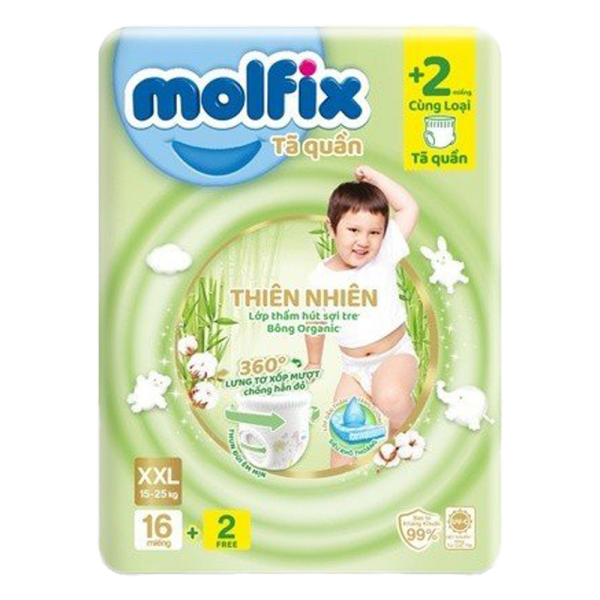 QT Molfix_Tã quần Molfix Thiên Nhiên (XXL, 16 miếng) + 2 miếng | Quà