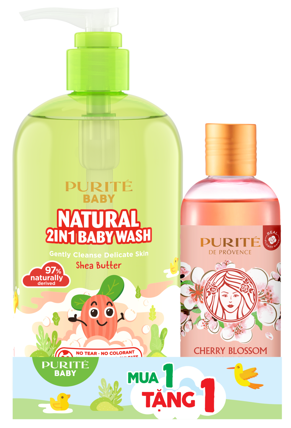 Combo Sữa Tắm Gội Thiên Nhiên Bơ Đậu Mỡ Purite 500ml và Sữa Tắm Sáng